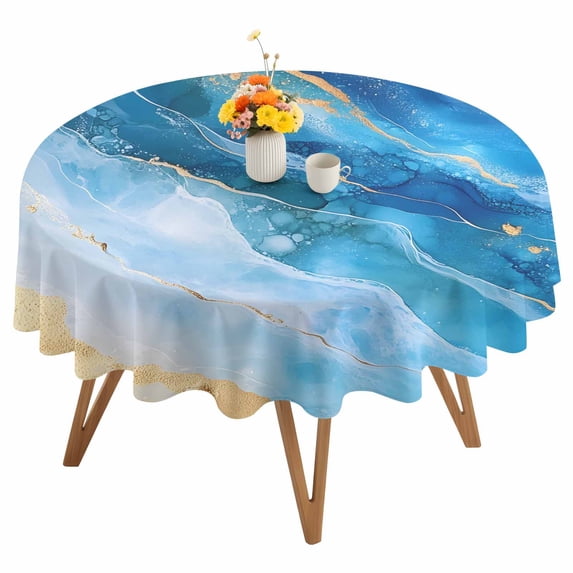 Abstract Waves Round Tablecloth 60 inches Retro Blue Gold White Oil ...