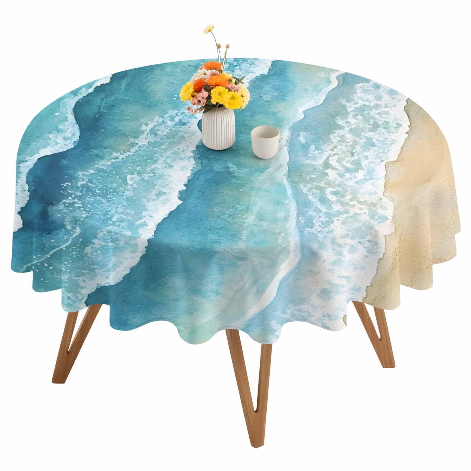 Abstract Waves Round Tablecloth 60 inches Spray Blue Ocean Seaside ...