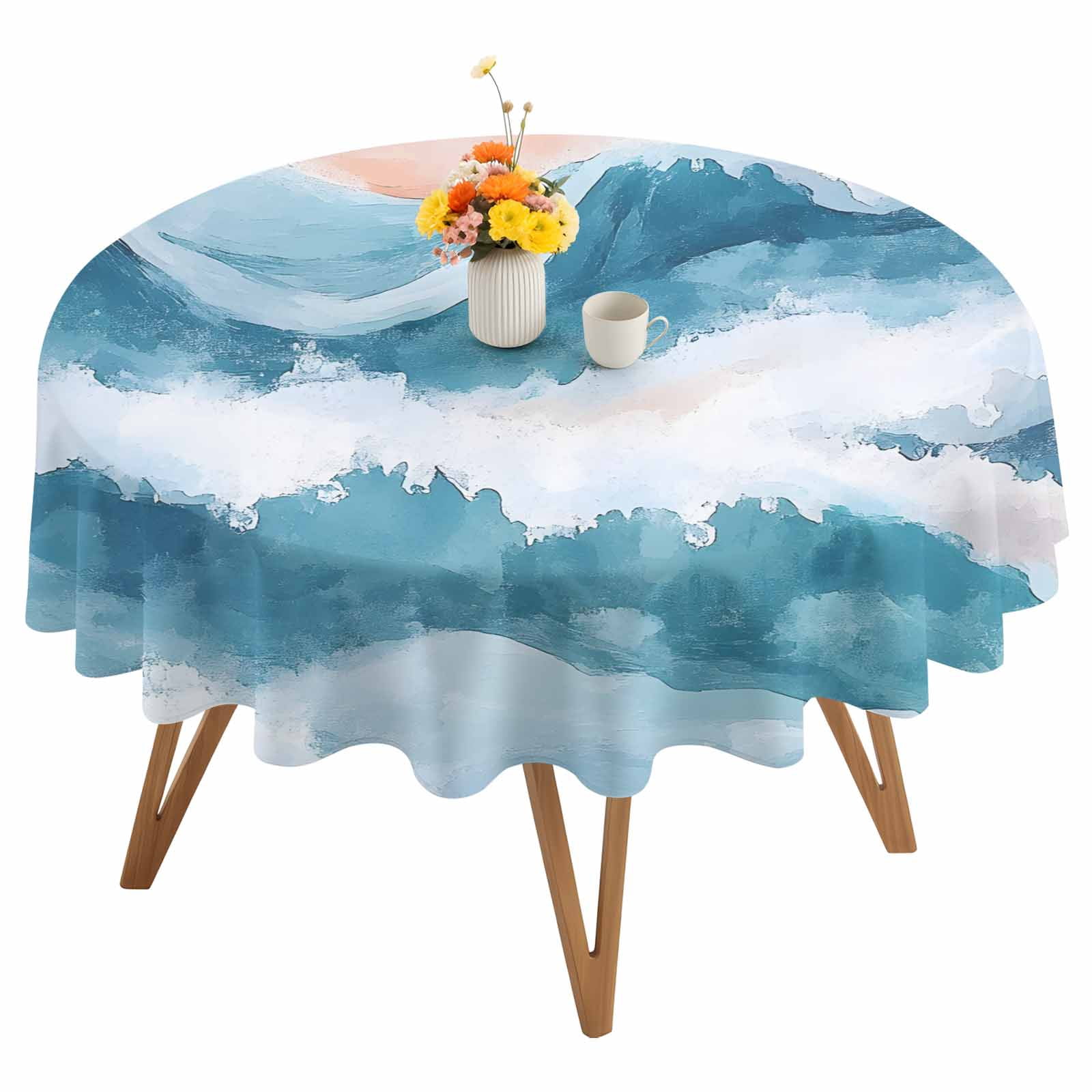 Abstract Waves Round Tablecloth 60 inches Spray Orange Blue White ...