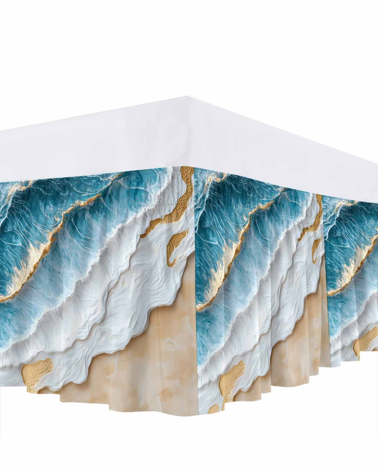 Abstract Waves Ruffle Bed Skirt King Size Gold Beach Blue Ocean Oil ...