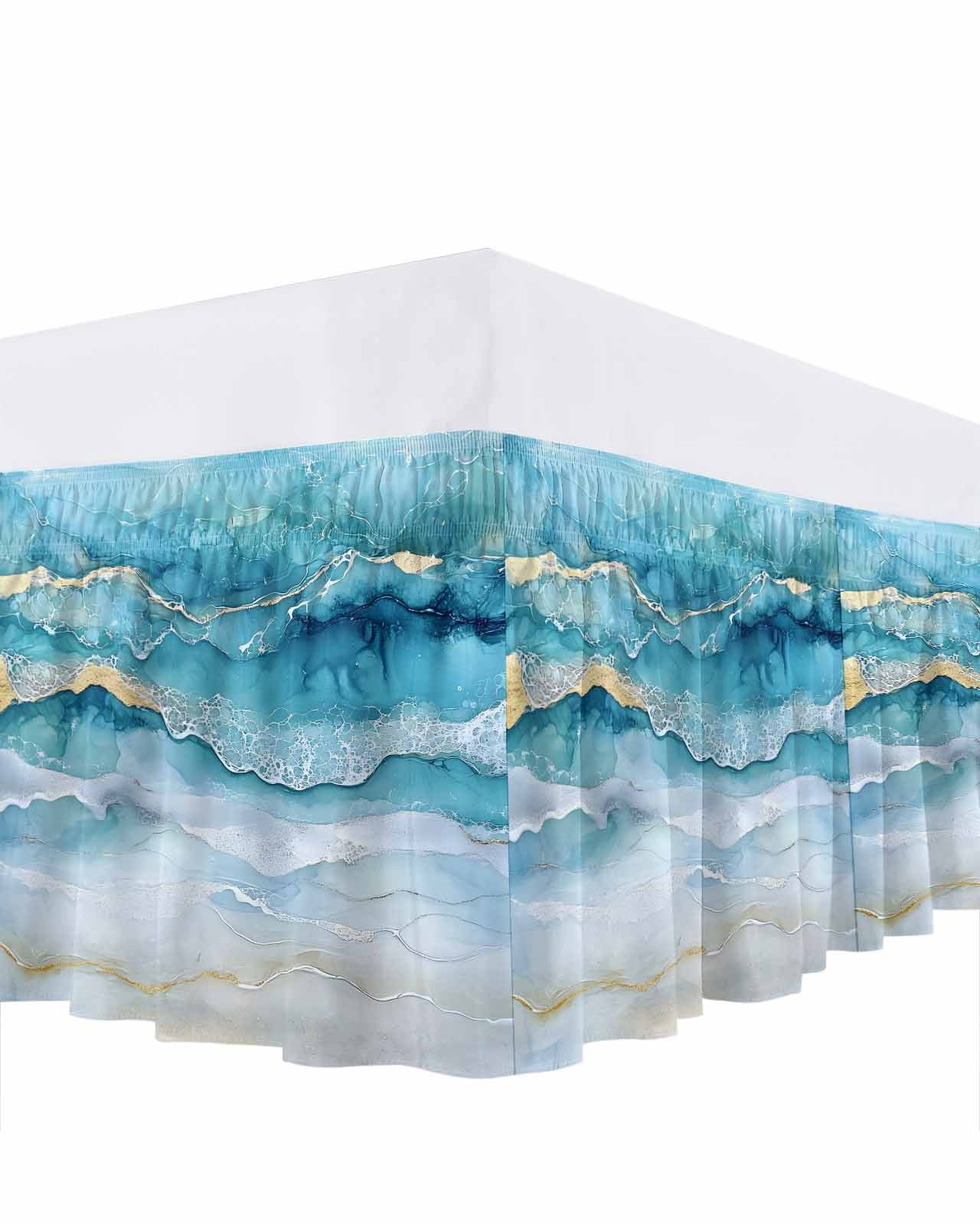 Abstract Waves Ruffle Bed Skirt Queen Size Spray Beach Ocean Watercolor ...