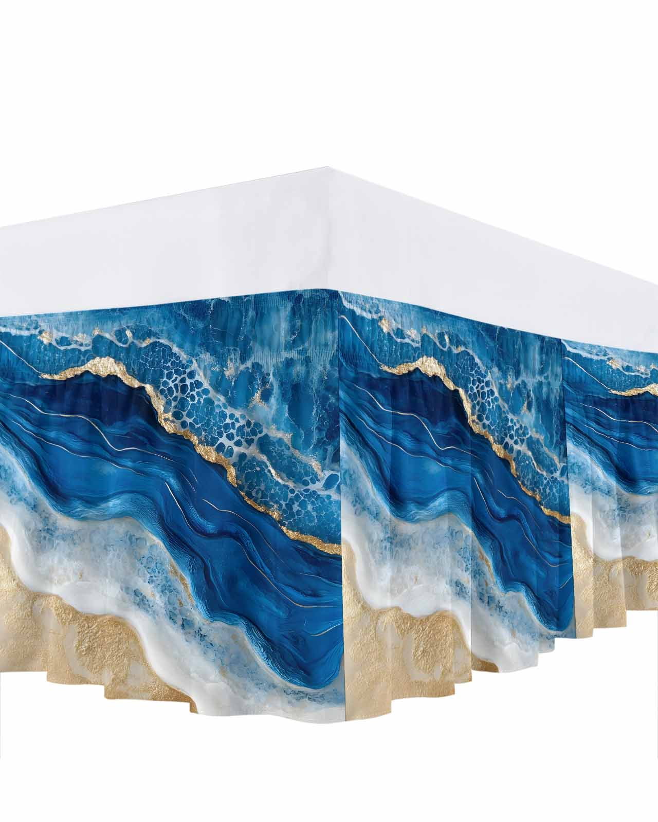 Abstract Waves Ruffle Bed Skirt Queen Size White Gold Blue Ocean Oil ...
