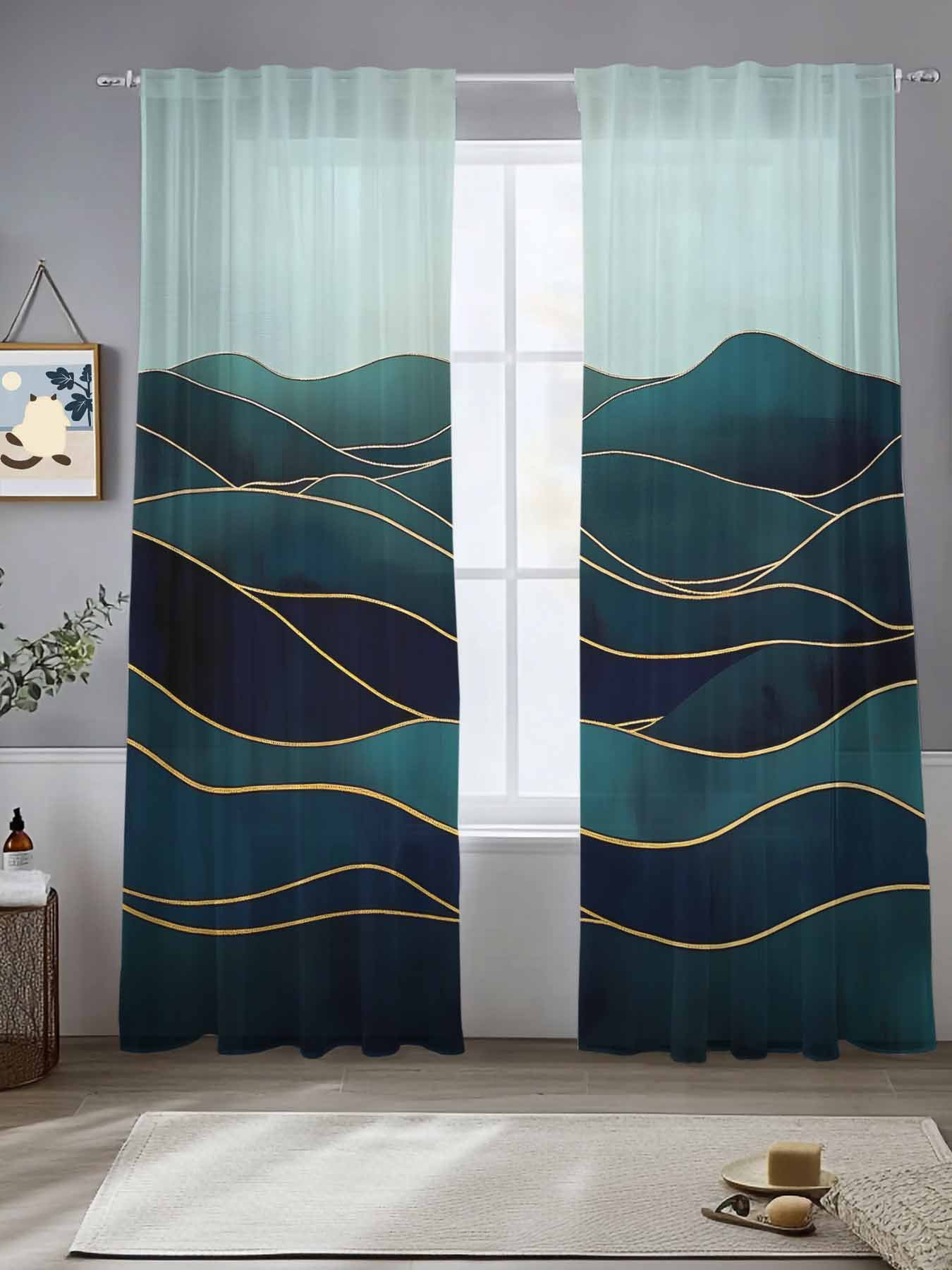 Abstract Waves Sheer Curtains 108 Inches Long 2 Panels Geometric Gold ...