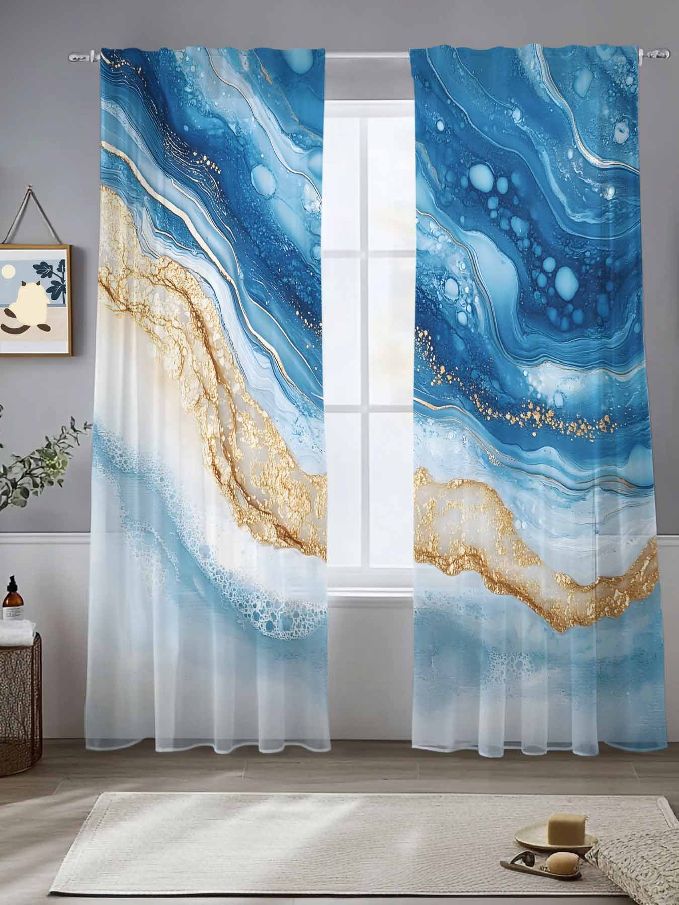 Abstract Waves Sheer Curtains 108 Inches Long 2 Panels White Blue Gold ...
