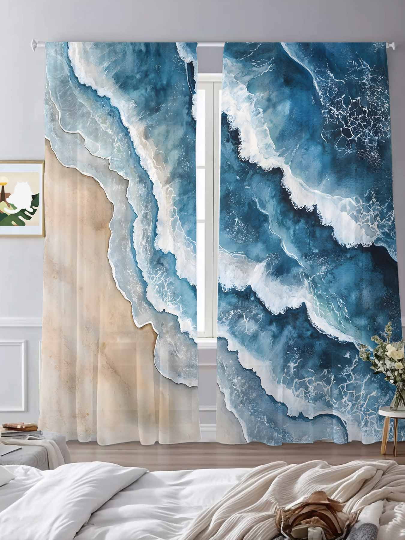 Abstract Waves Sheer Curtains 108 inches Long 2 Panels Set Spray Blue ...