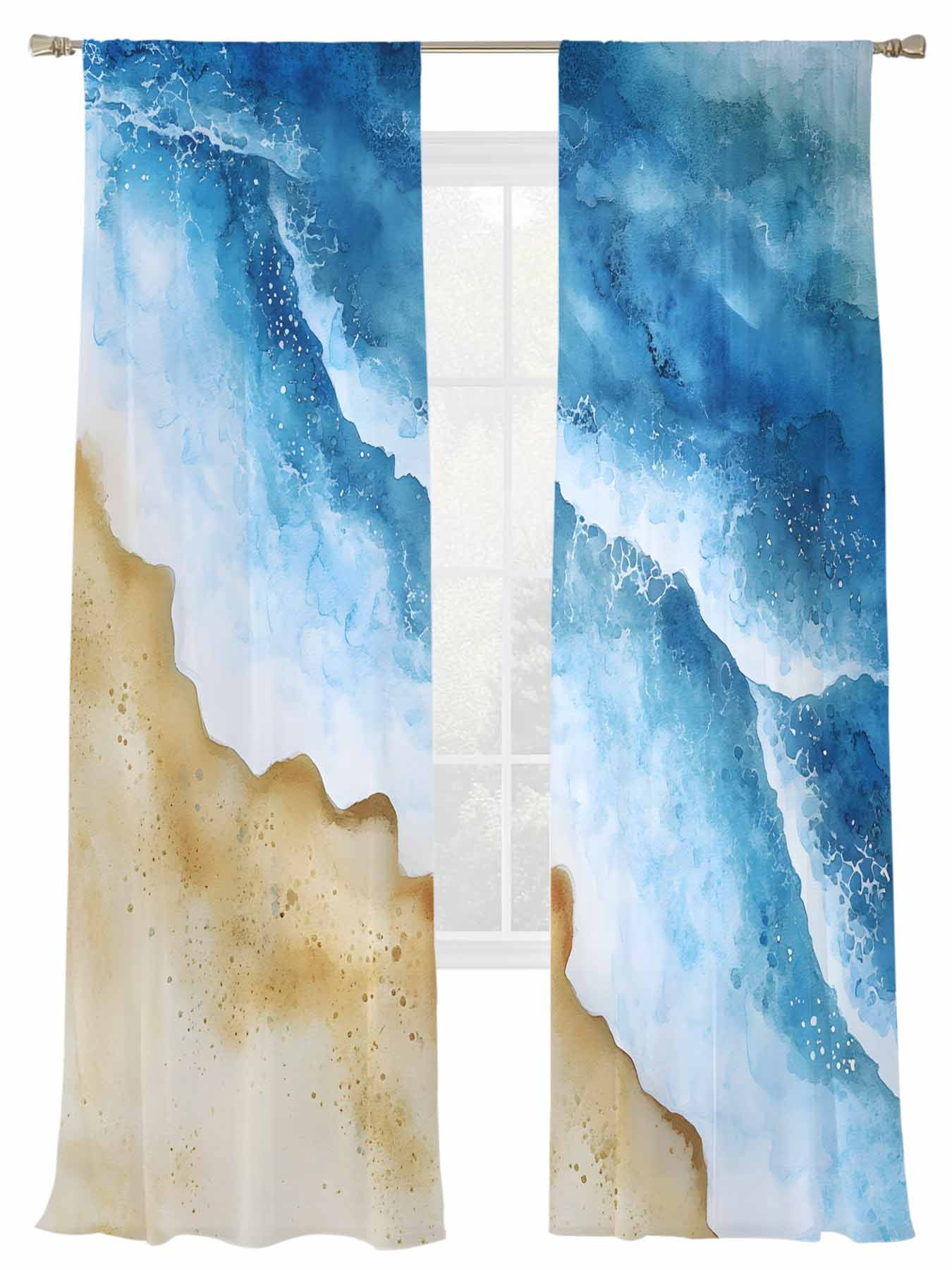 Abstract Waves Sheer Curtains 2 Panels Set Beach Ocean Spray Watercolor ...