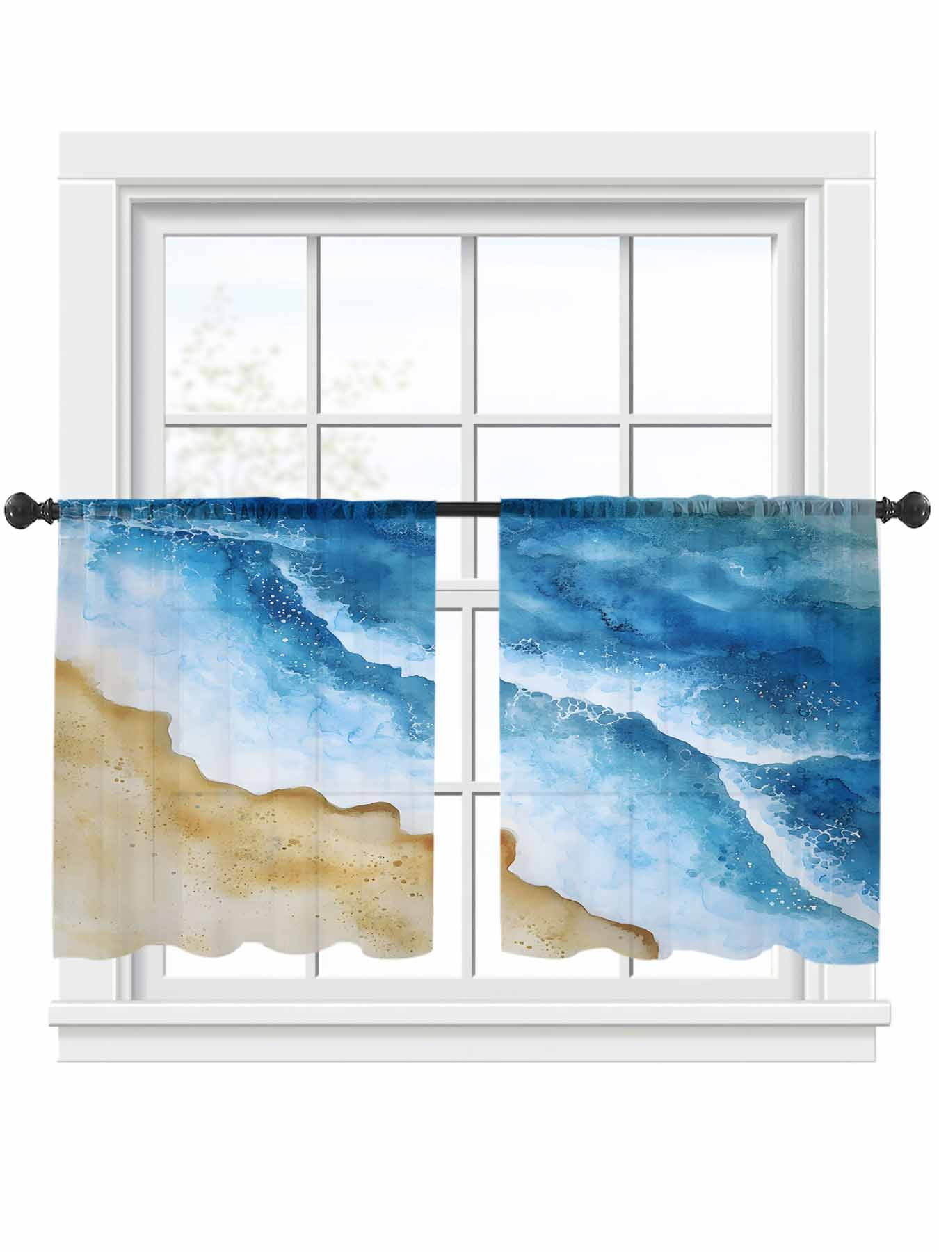 Abstract Waves Sheer Curtains 2 Panels Set Beach Ocean Spray Watercolor ...