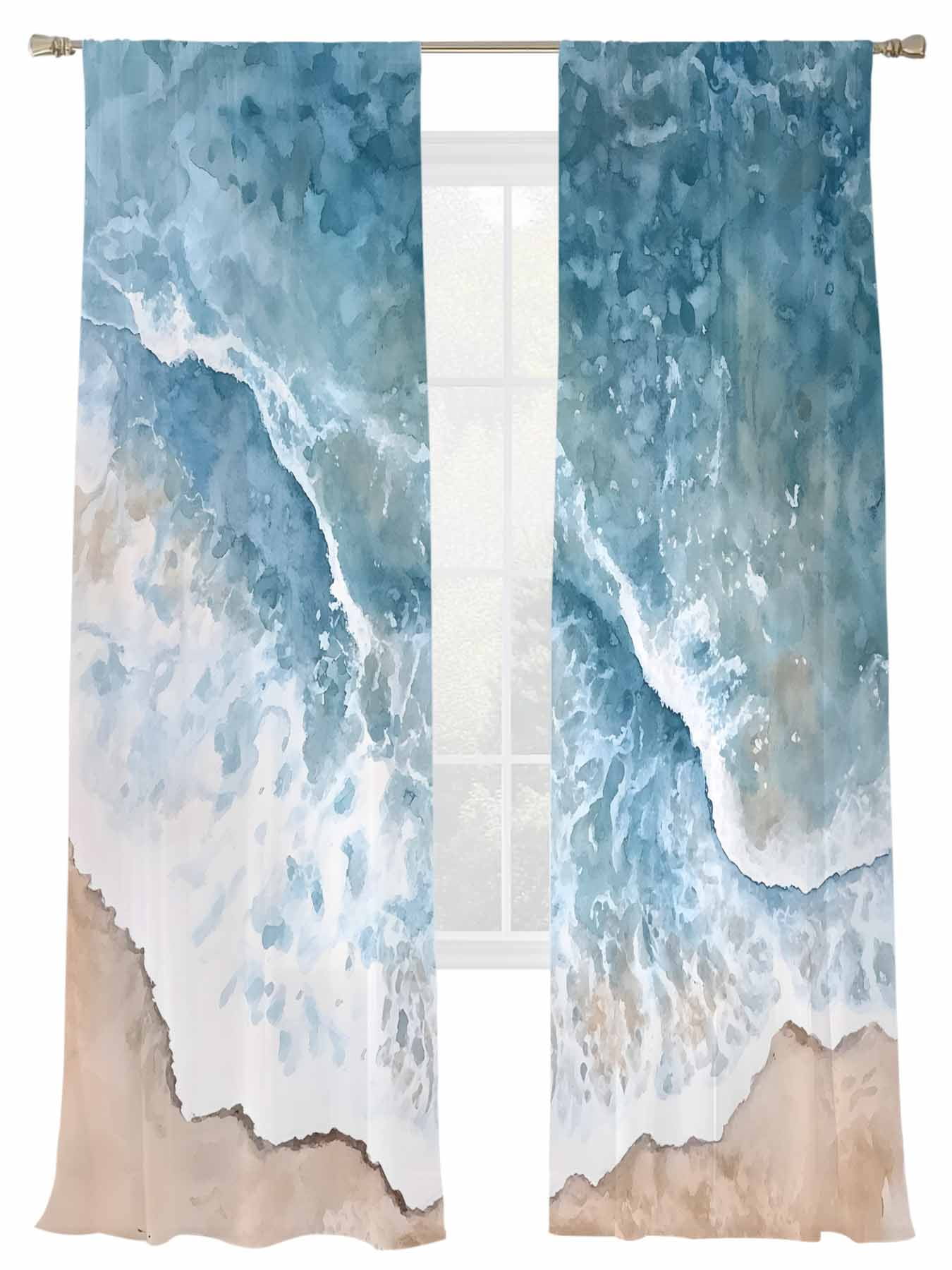 Abstract Waves Sheer Curtains 2 Panels Set Blue Spray Beach Ocean ...