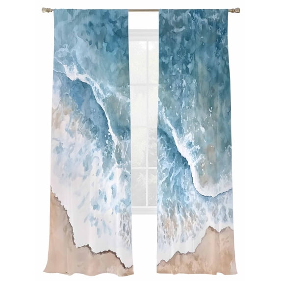 Abstract Waves Sheer Curtains 2 Panels Set Blue Spray Beach Ocean ...