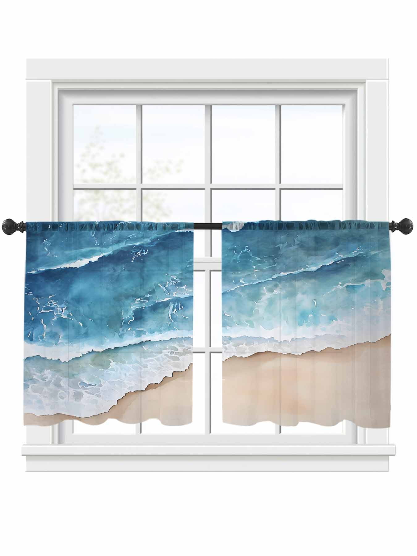 Abstract Waves Sheer Curtains 2 Panels Set Blue White Ocean Spray ...