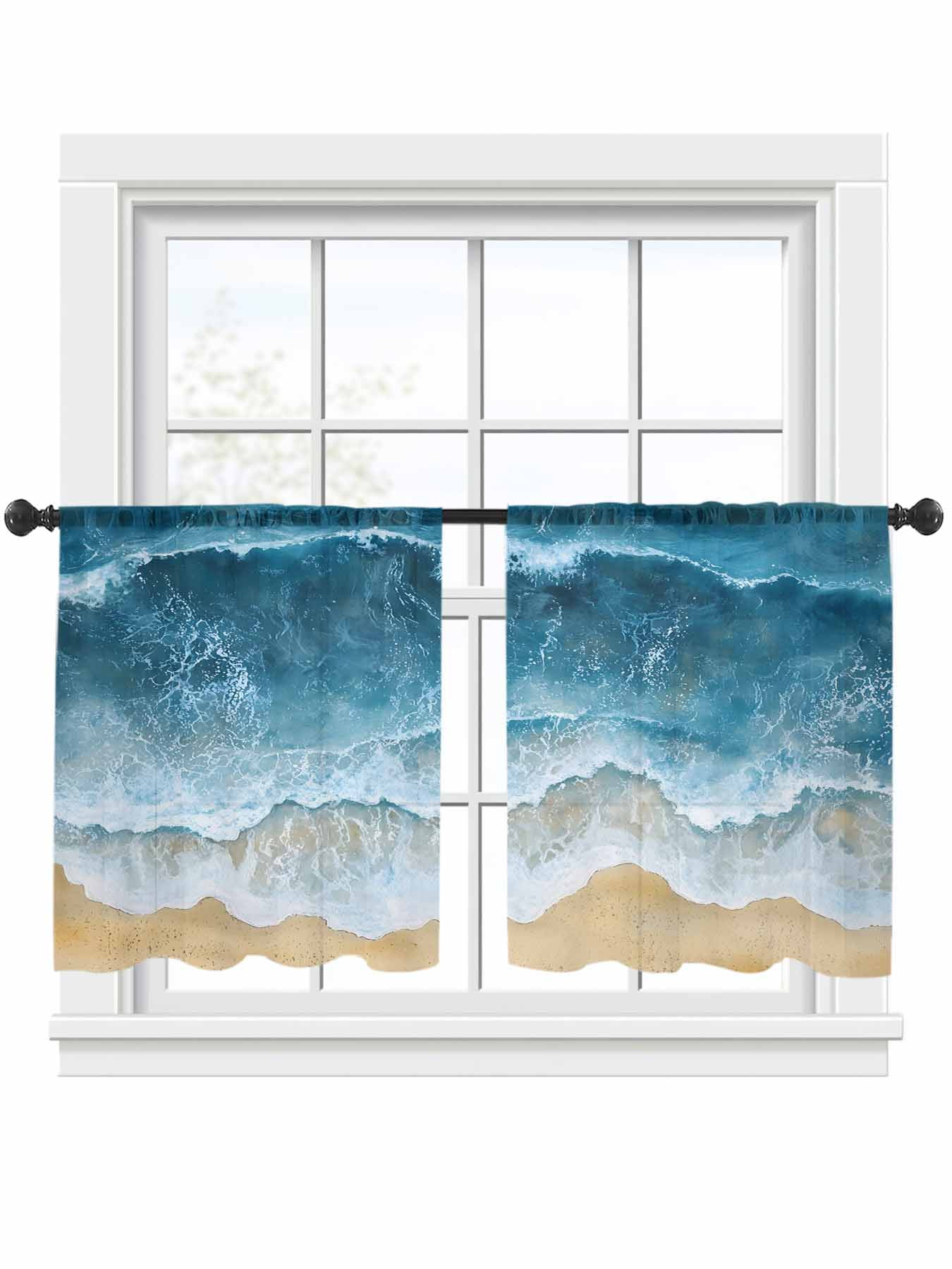 Abstract Waves Sheer Curtains 2 Panels Set Ocean Beach Spray Watercolor ...