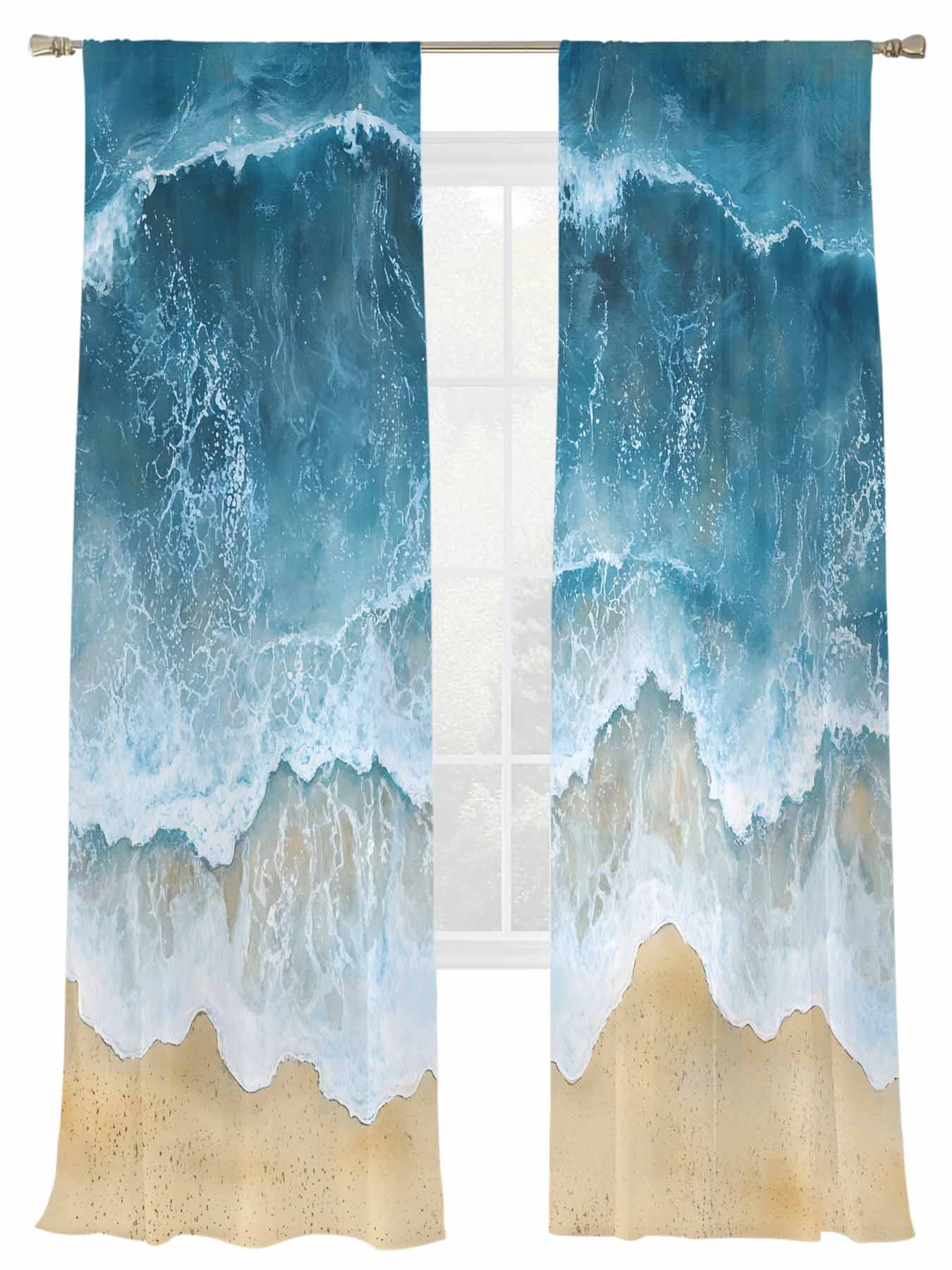 Abstract Waves Sheer Curtains 2 Panels Set Ocean Beach Spray Watercolor ...