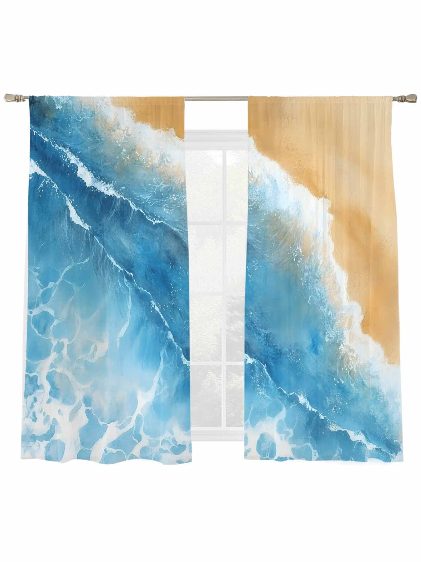 Abstract Waves Sheer Curtains 2 Panels Set Ocean Spray Beach Watercolor ...