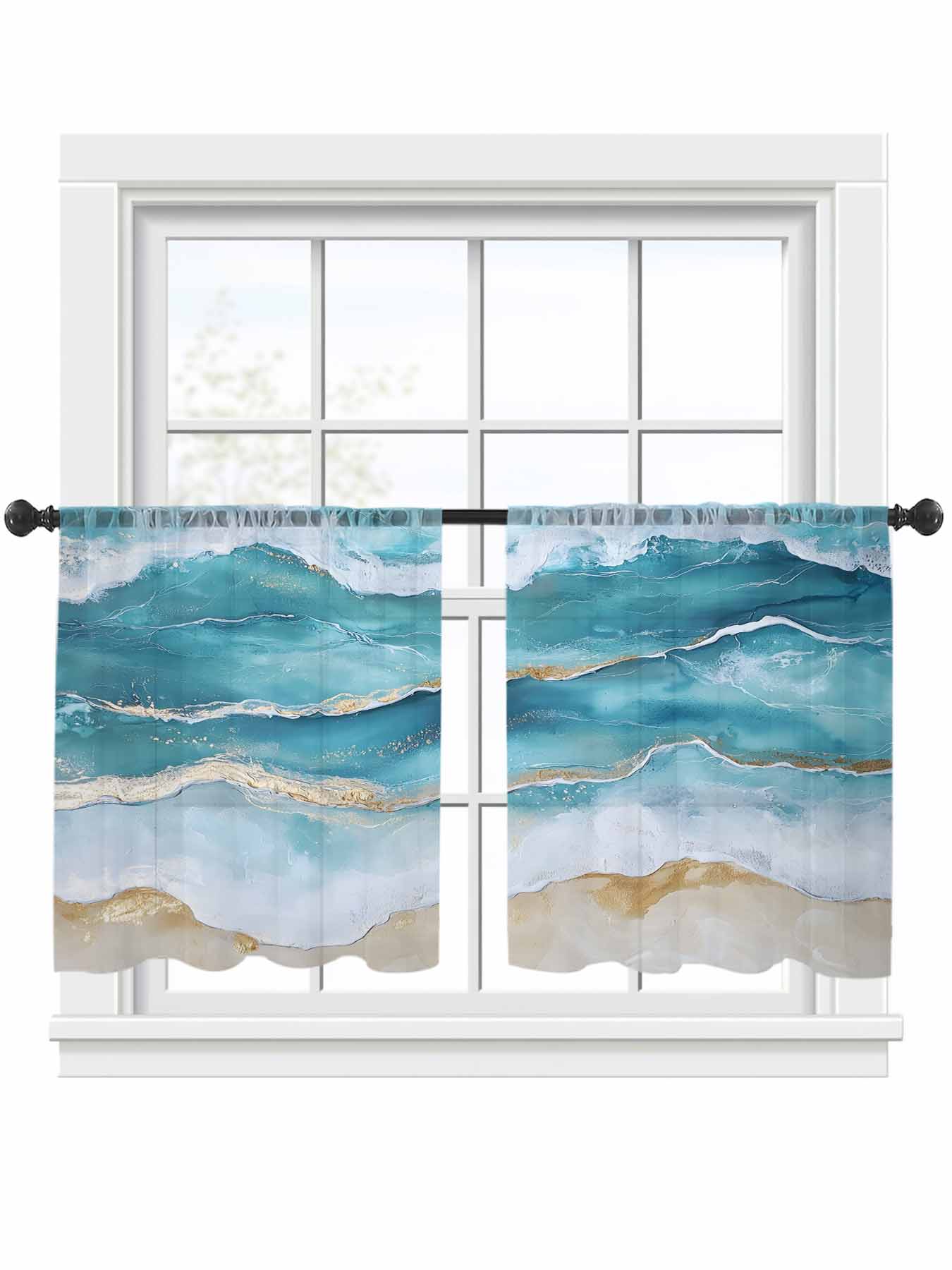 Abstract Waves Sheer Curtains 2 Panels Set Ocean Surrealism Spray Beach ...