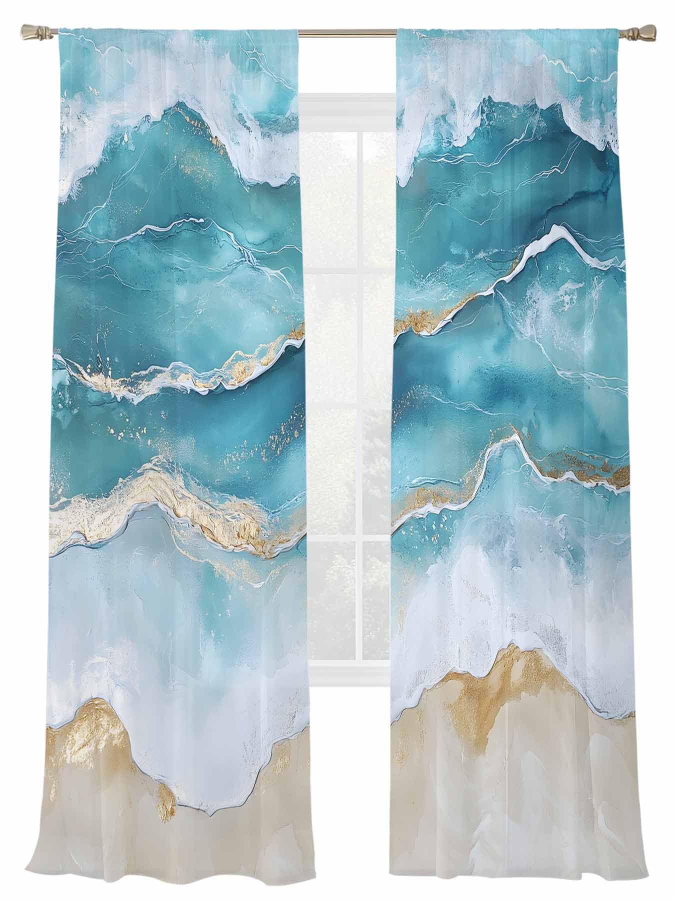 Abstract Waves Sheer Curtains 2 Panels Set Ocean Surrealism Spray Beach ...