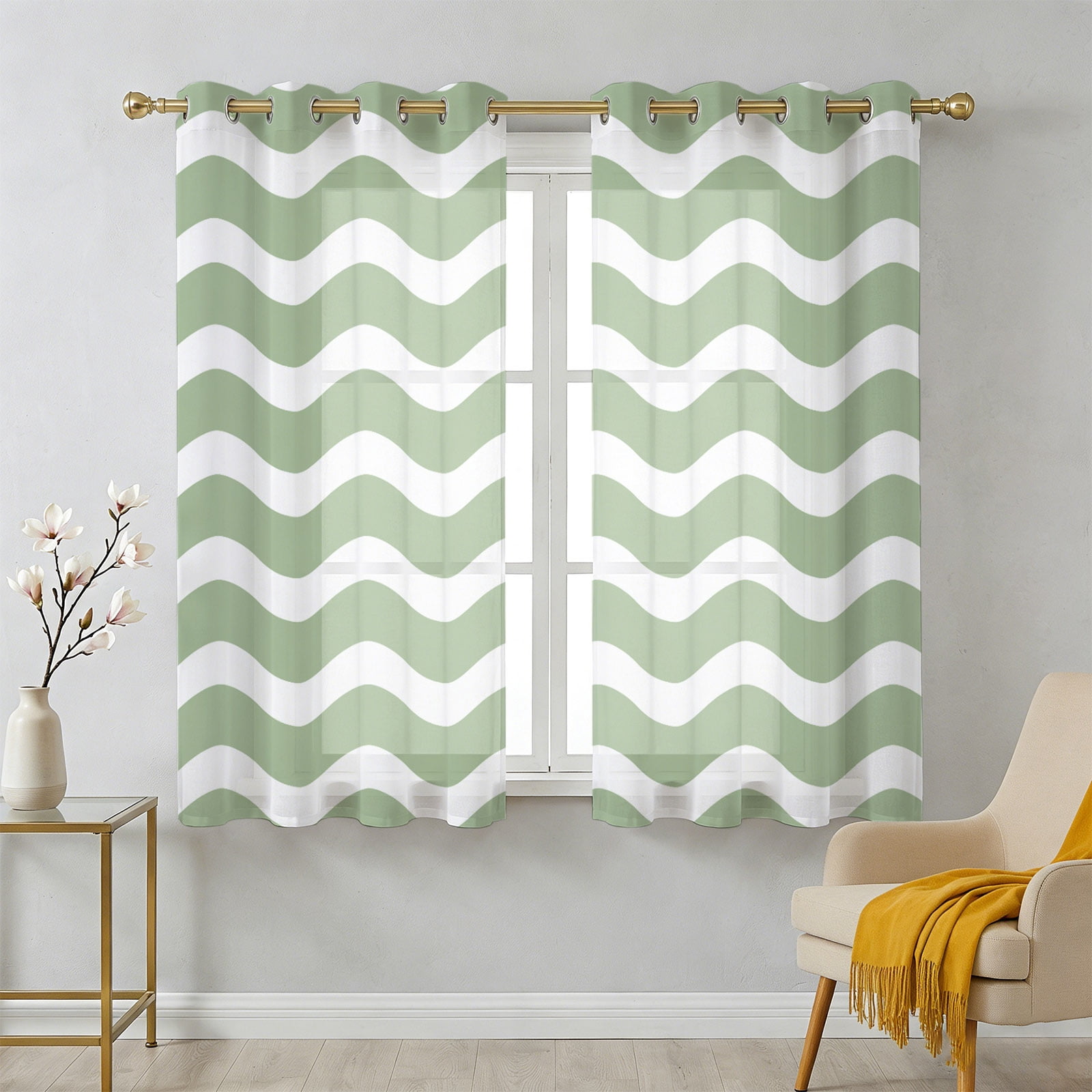 Abstract Waves Sheer Curtains 39 Inch Long 2 Panels, Stripes Sage Green ...