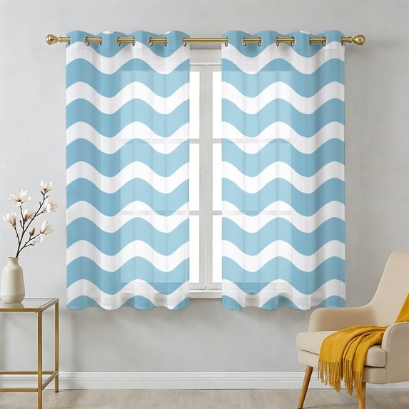 Abstract Waves Sheer Curtains 39 Inch Long 2 Panels, Stripes Sky Blue ...
