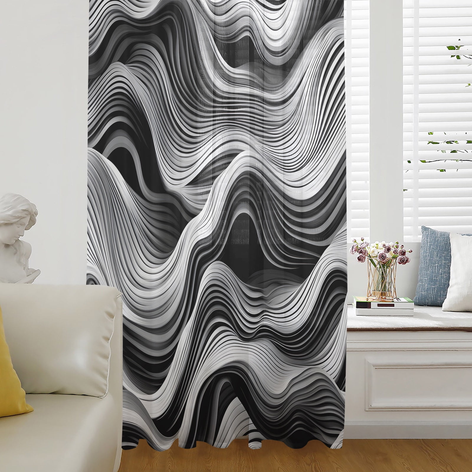 Abstract Waves Sheer Curtains 45 Inch Length, Light Filtering Voile ...
