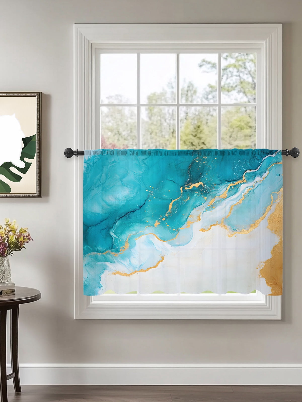 Abstract Waves Sheer Curtains 45 Inch Long 1 Panel Blue Gold Retro Oil ...