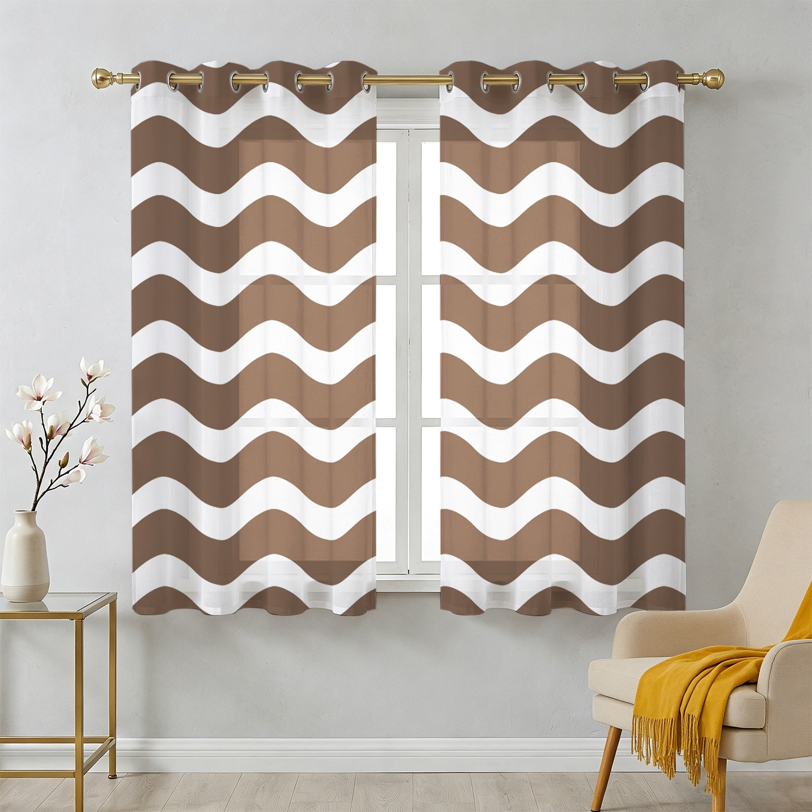Abstract Waves Sheer Curtains 45 Inch Long 2 Panels, Stripes Brown ...
