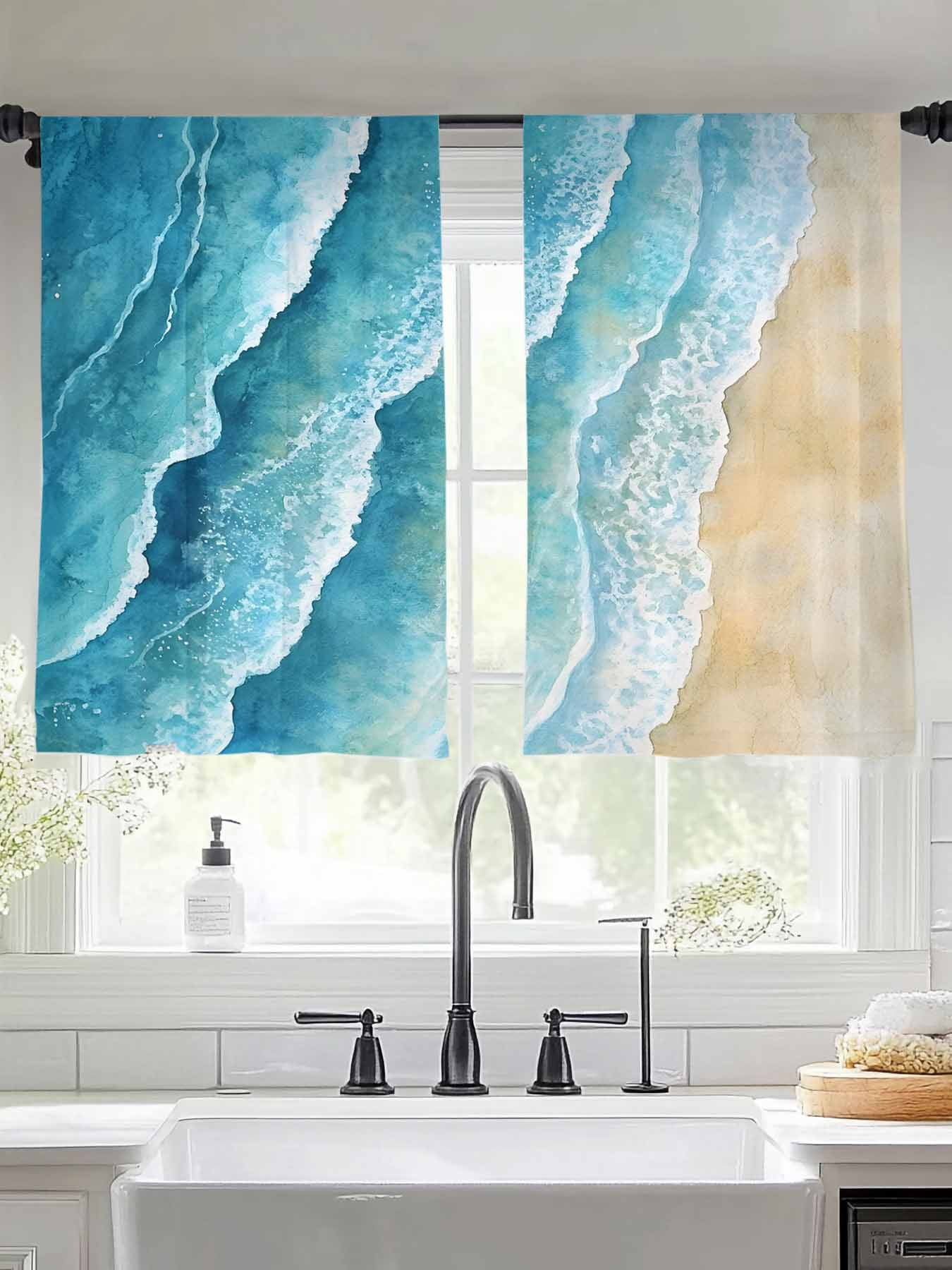 Abstract Waves Sheer Curtains 45 inches Long 2 Panels Set Spray Blue ...