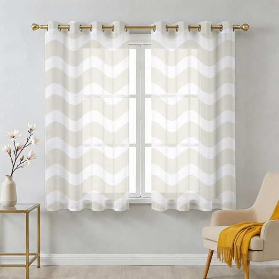 Abstract Waves Sheer Curtains 54 Inch Long 2 Panels, Stripes Cream ...