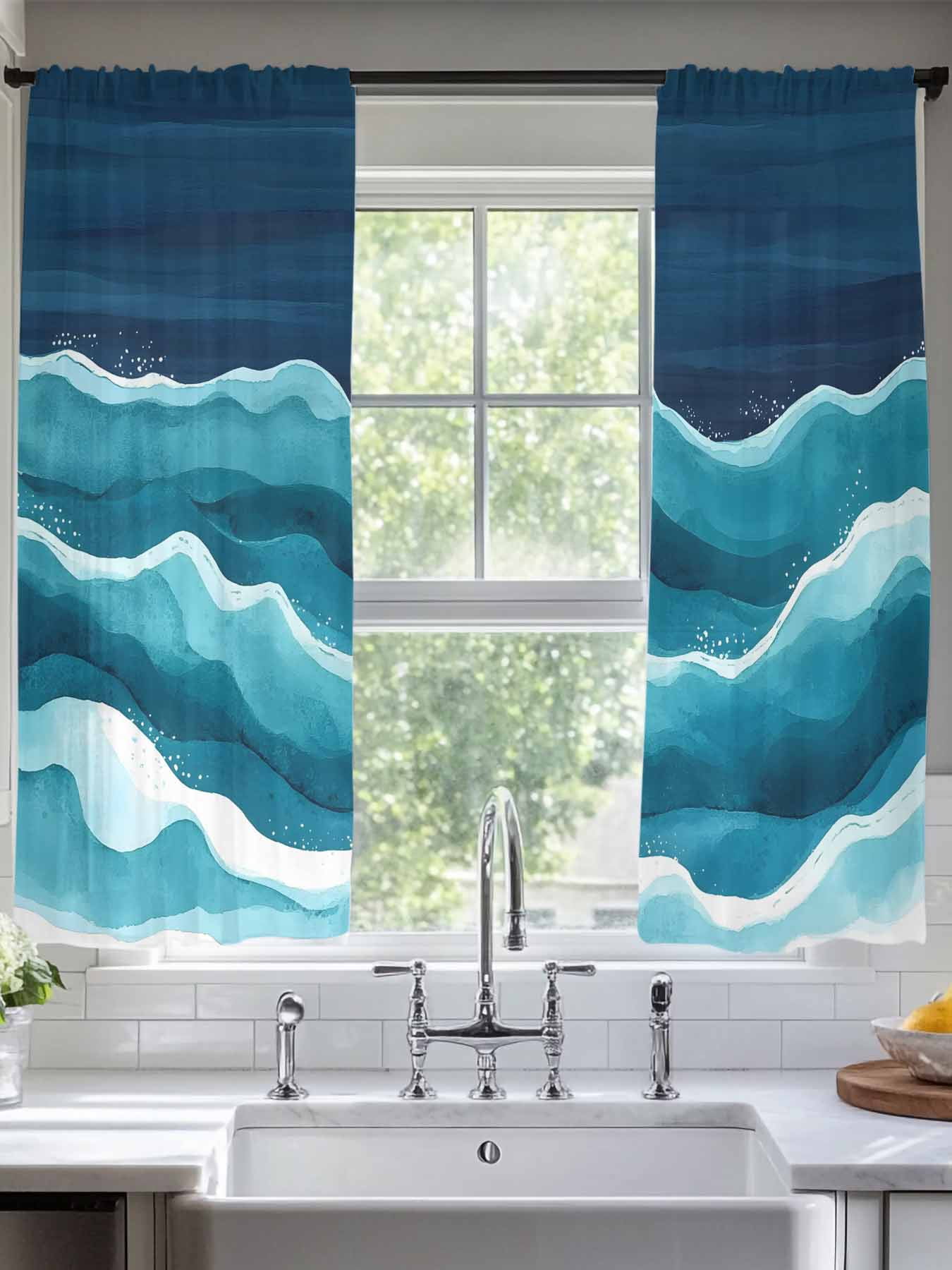 Abstract Waves Sheer Curtains 63 Inches Long 2 Panels Navy Blue Wave ...