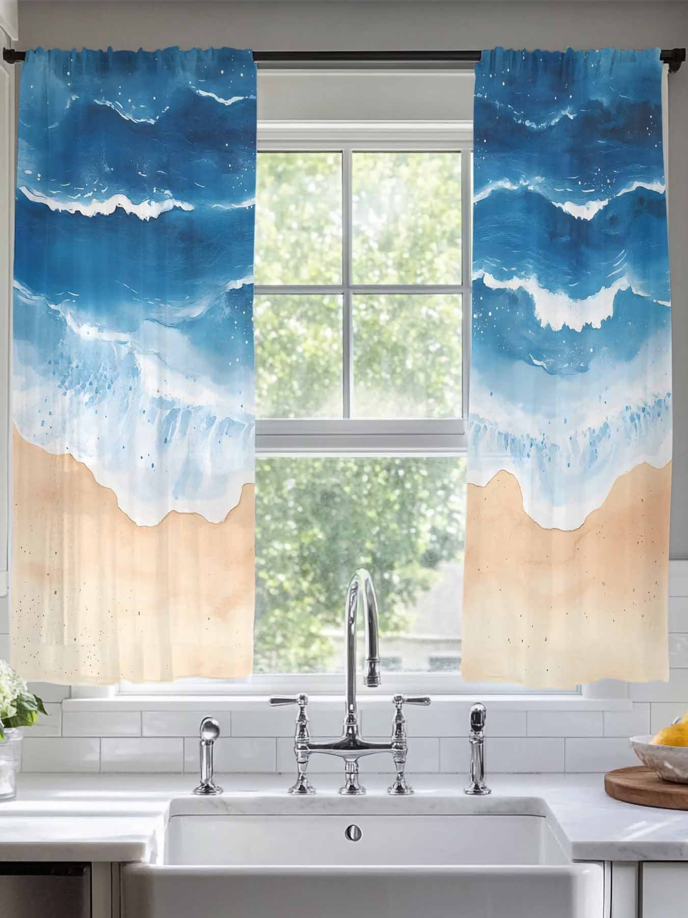 Abstract Waves Sheer Curtains 63 Inches Long 2 Panels Ocean Spray Beach ...