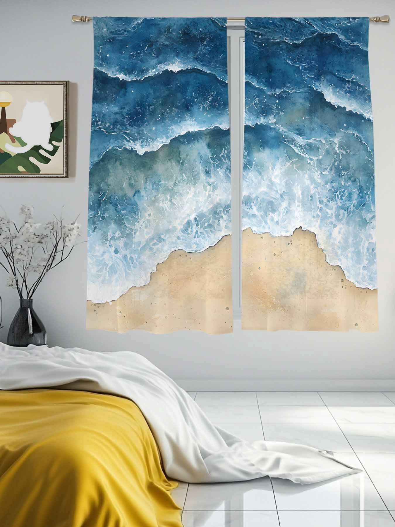 Abstract Waves Sheer Curtains 63 inches Long 2 Panels Set Blue Ocean ...