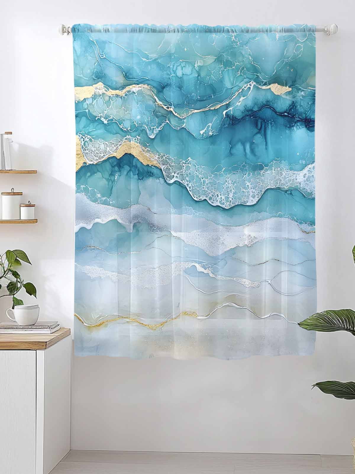 Abstract Waves Sheer Curtains 72 Inch Long 1 Panel Spray Beach Ocean ...