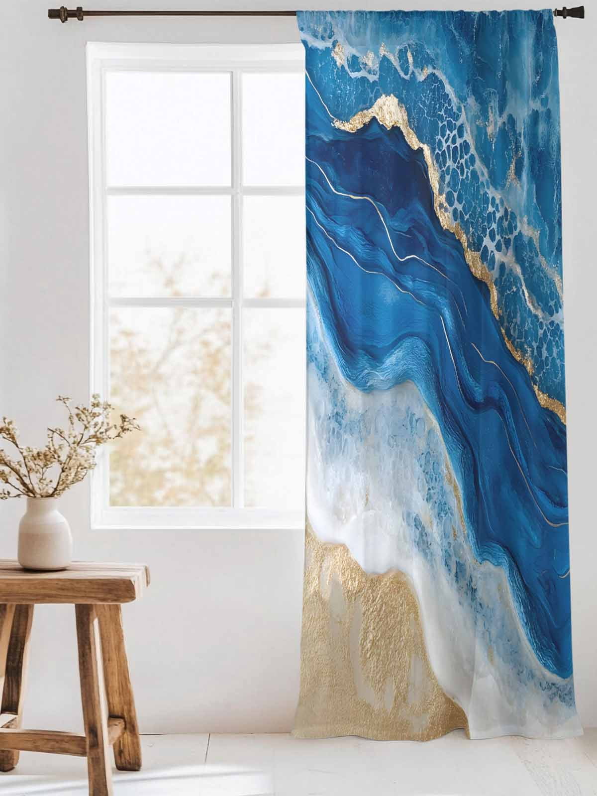 Abstract Waves Sheer Curtains 84 Inch Long 1 Panel White Gold Blue ...