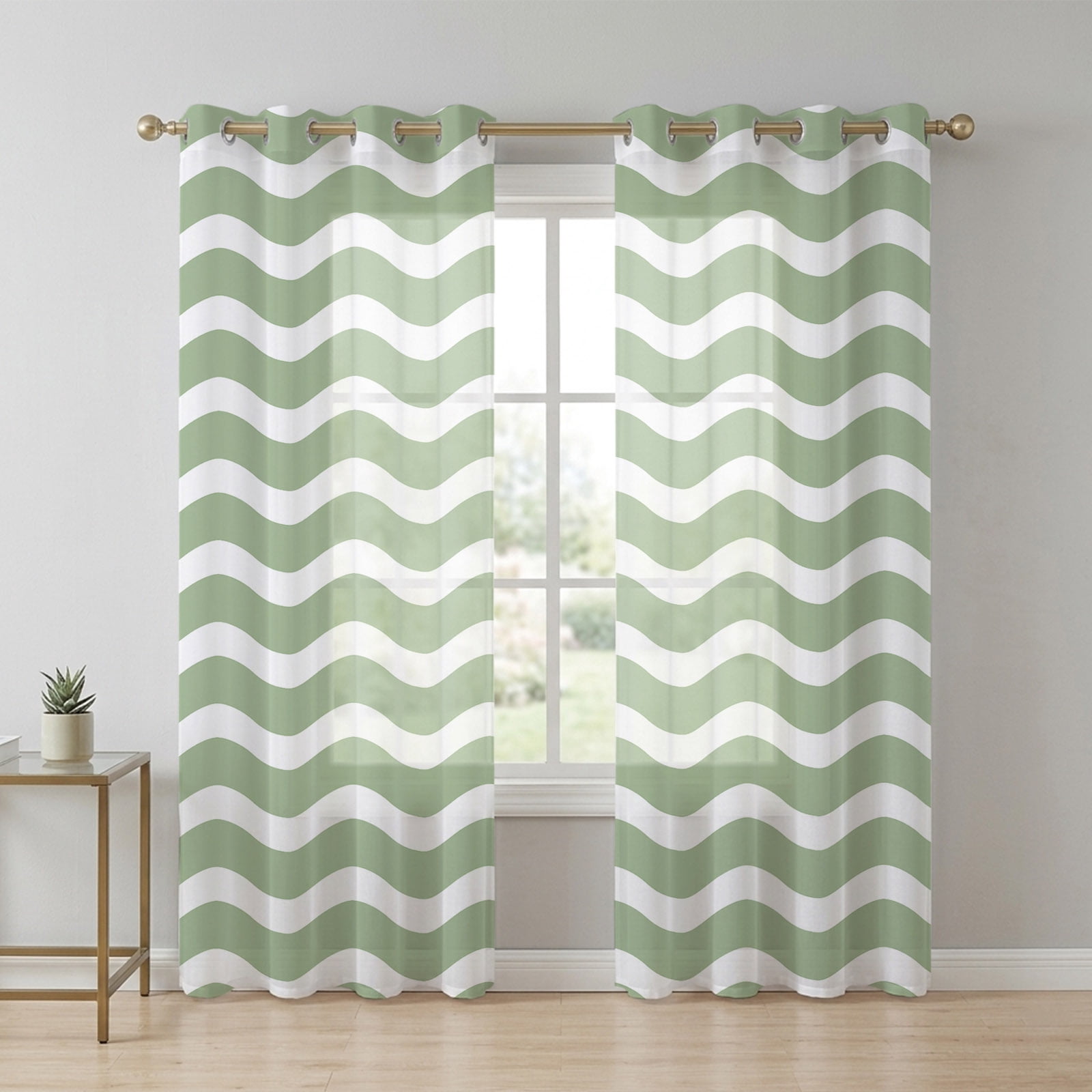 Abstract Waves Sheer Curtains 84 Inch Long 2 Panels, Stripes Sage Green ...