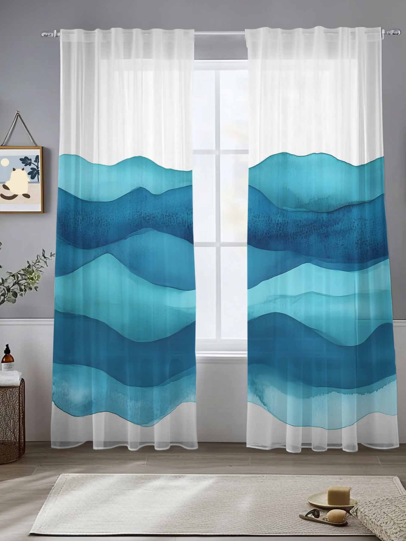 Abstract Waves Sheer Curtains 84 Inches Long 2 Panels Navy Blue Wave ...