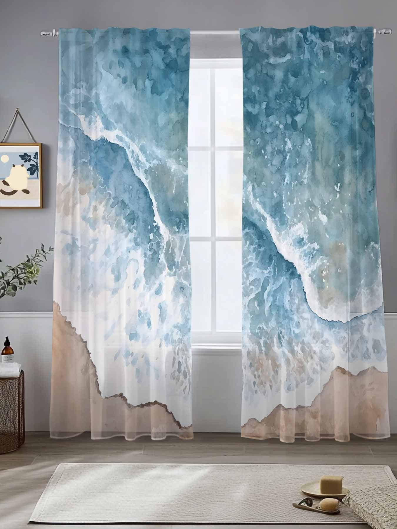 Abstract Waves Sheer Curtains 96 Inches Long 2 Panels Blue Spray Beach ...