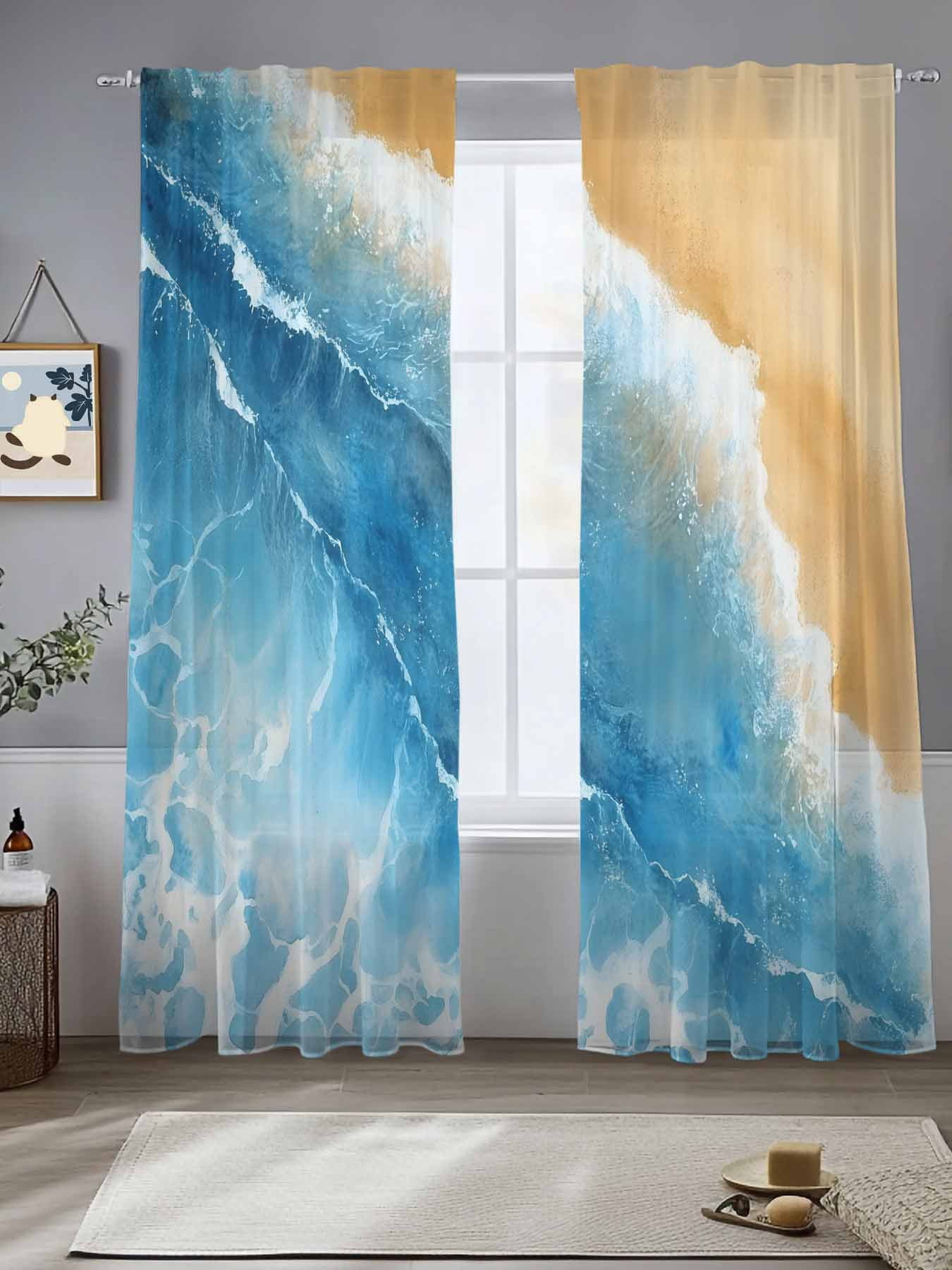 Abstract Waves Sheer Curtains 96 Inches Long 2 Panels Ocean Spray Beach ...