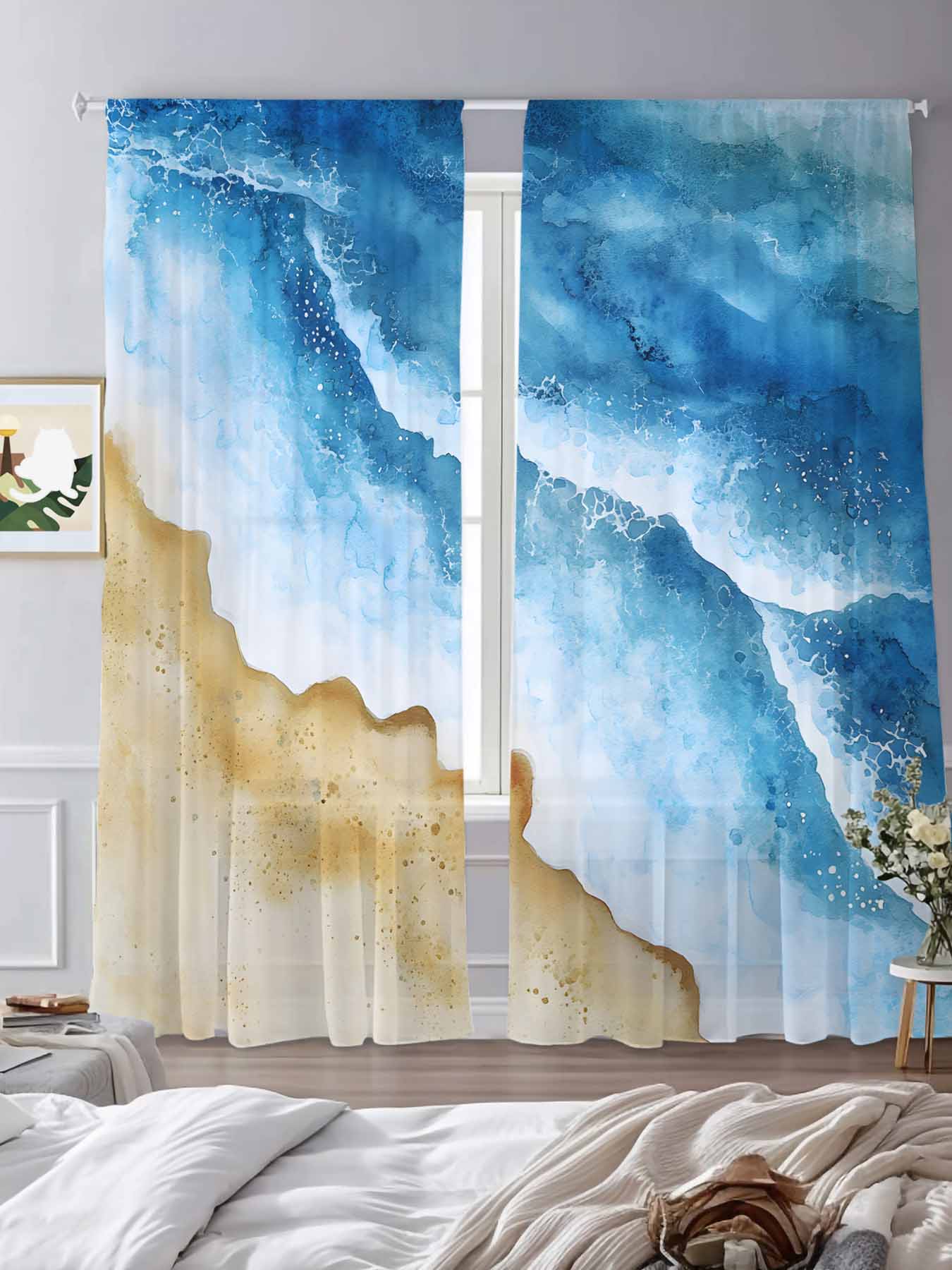 Abstract Waves Sheer Curtains 96 inches Long 2 Panels Set Beach Ocean ...