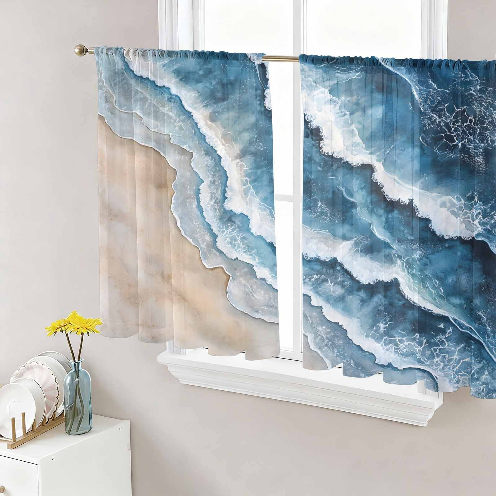 Abstract Waves Sheer Curtains for Living Room Bedroom, Spray Blue White ...