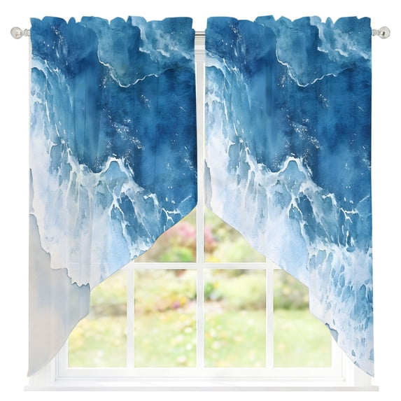 Abstract Waves Sheer Curtains Swag Valances for Windows Blue Ocean ...