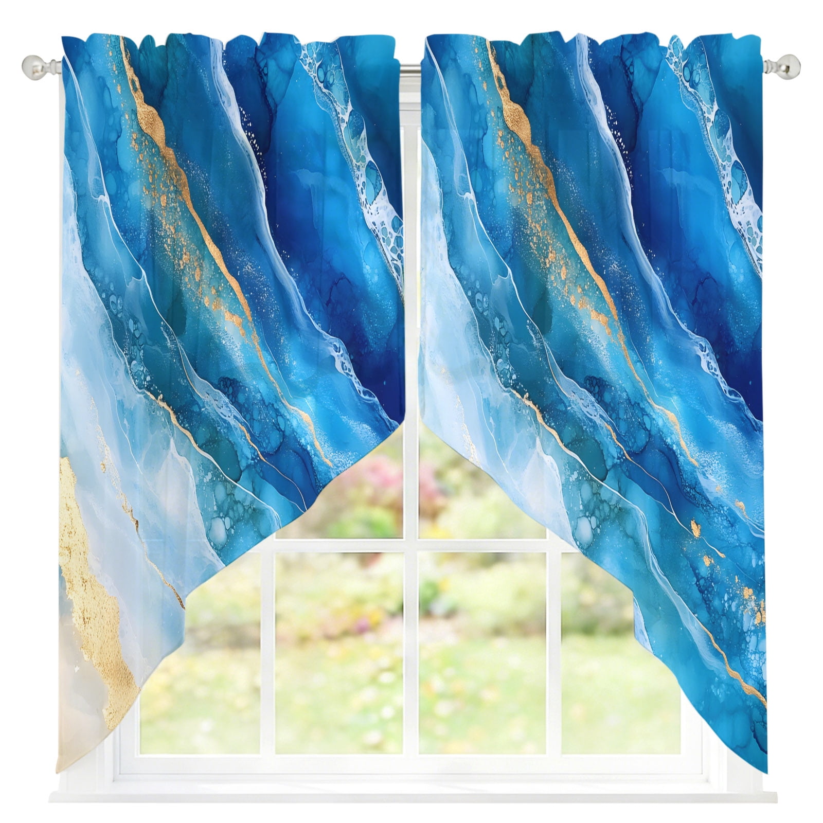 Abstract Waves Sheer Curtains Swag Valances for Windows Retro Blue Gold ...