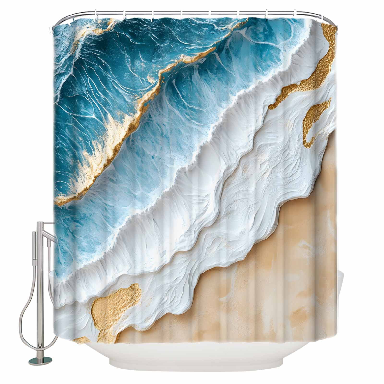 Abstract Waves Shower Curtain, 72" x 72", Gold Beach Blue Ocean Oil ...