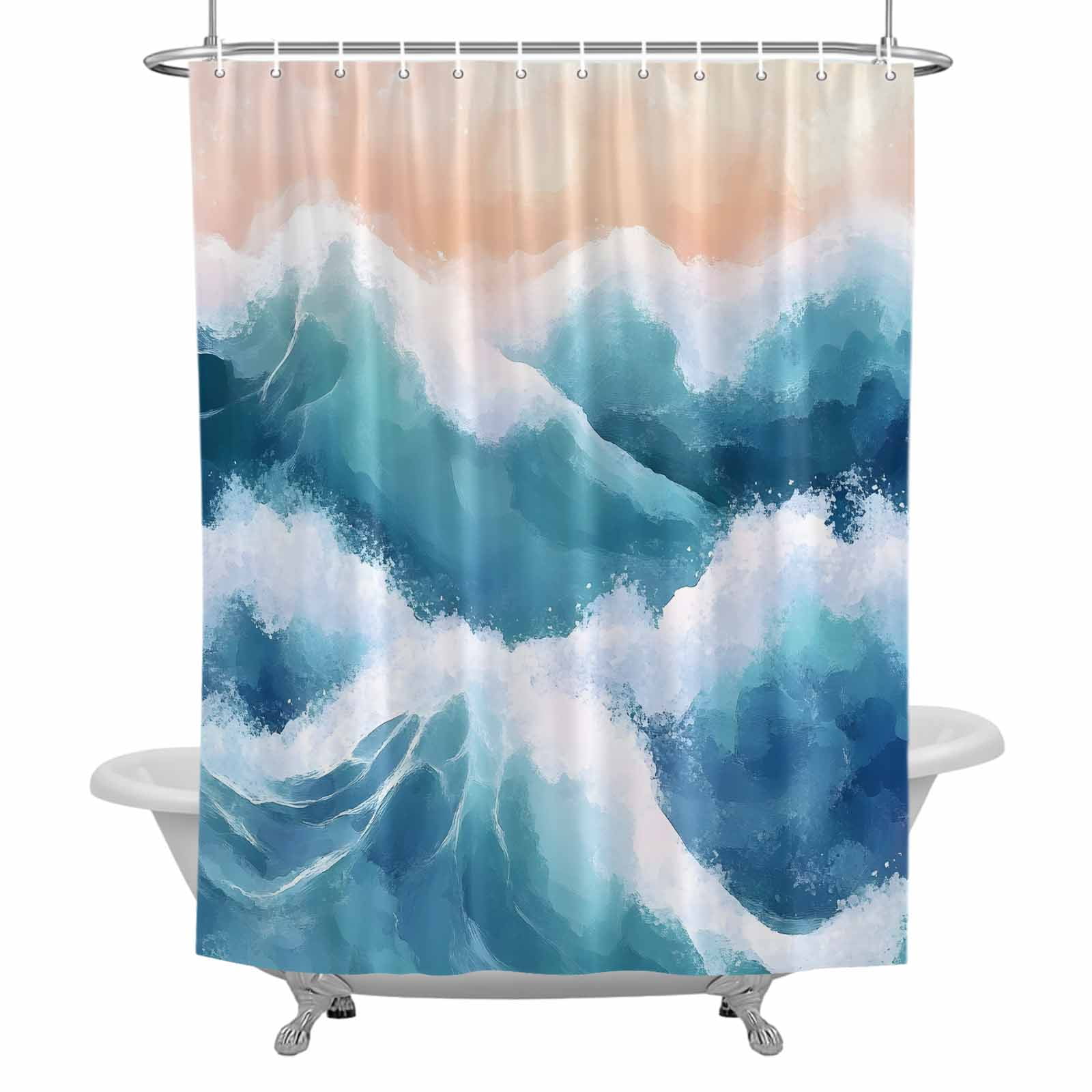 Abstract Waves Shower Curtain for Bathroom, Gradient Spray Orange Blue ...