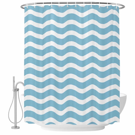 Abstract Waves Shower Curtain Set with Hooks, Stripes Sky Blue Water ...