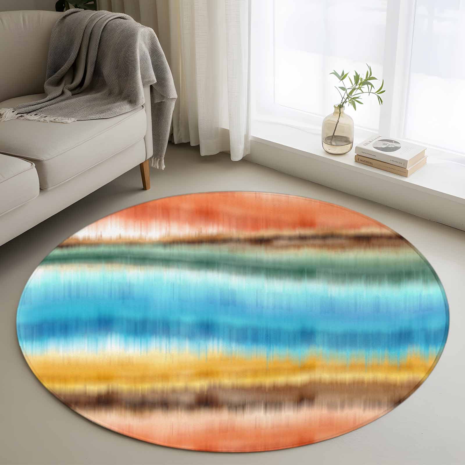 Abstract Waves Small Round Rug 3Ft Watercolor Orange Blue Modern ...
