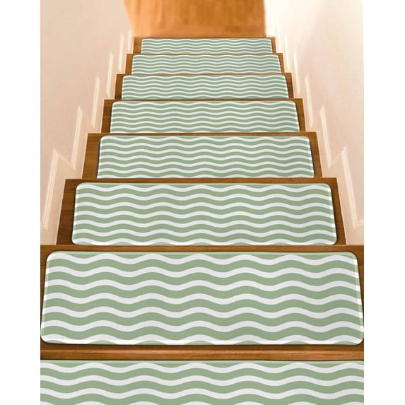 Abstract Waves Stair Treads Non Slip for Steps Stripes Sage Green Water ...