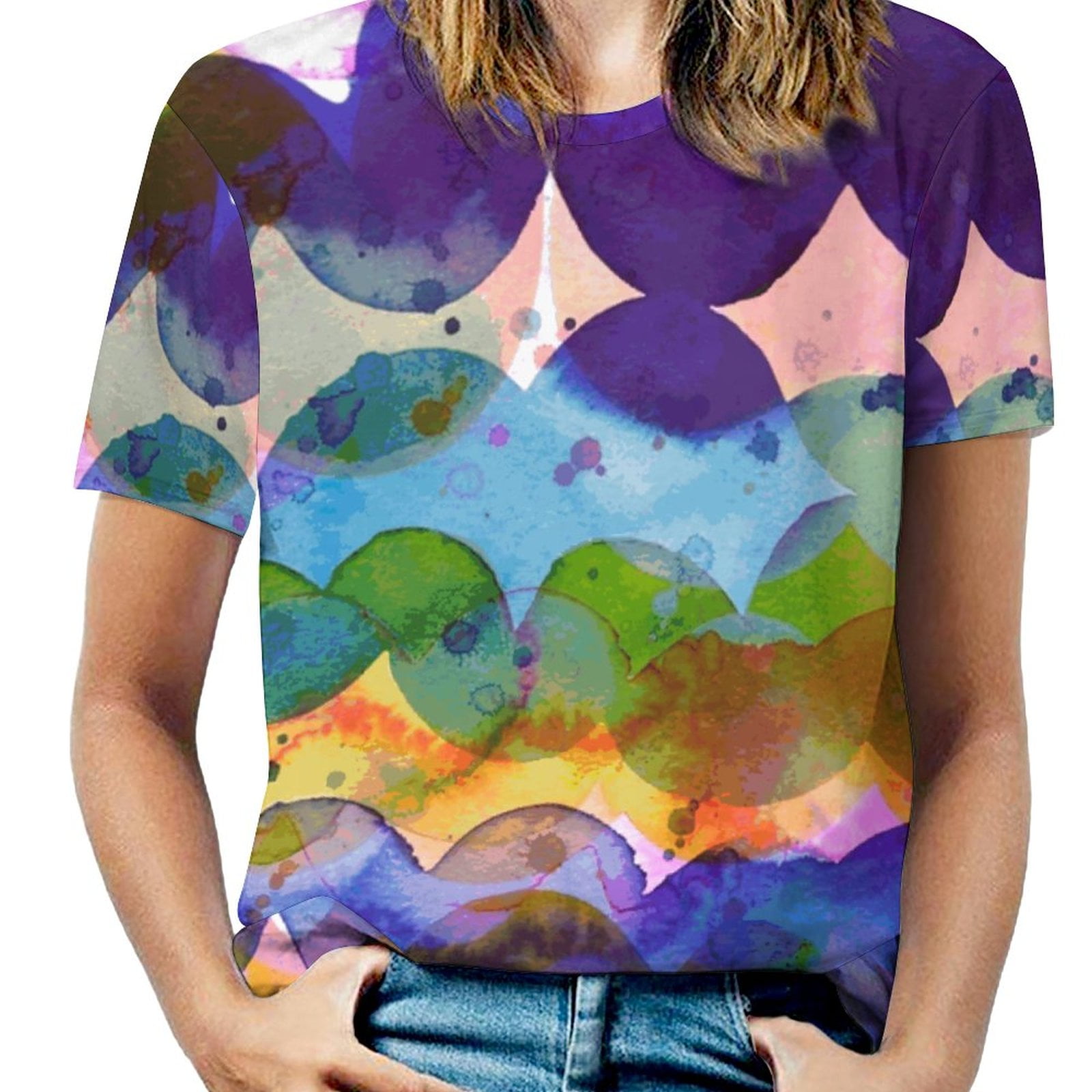 Abstract Waves Sunset Watercolor Painting-Colorful Tidal Women Short ...