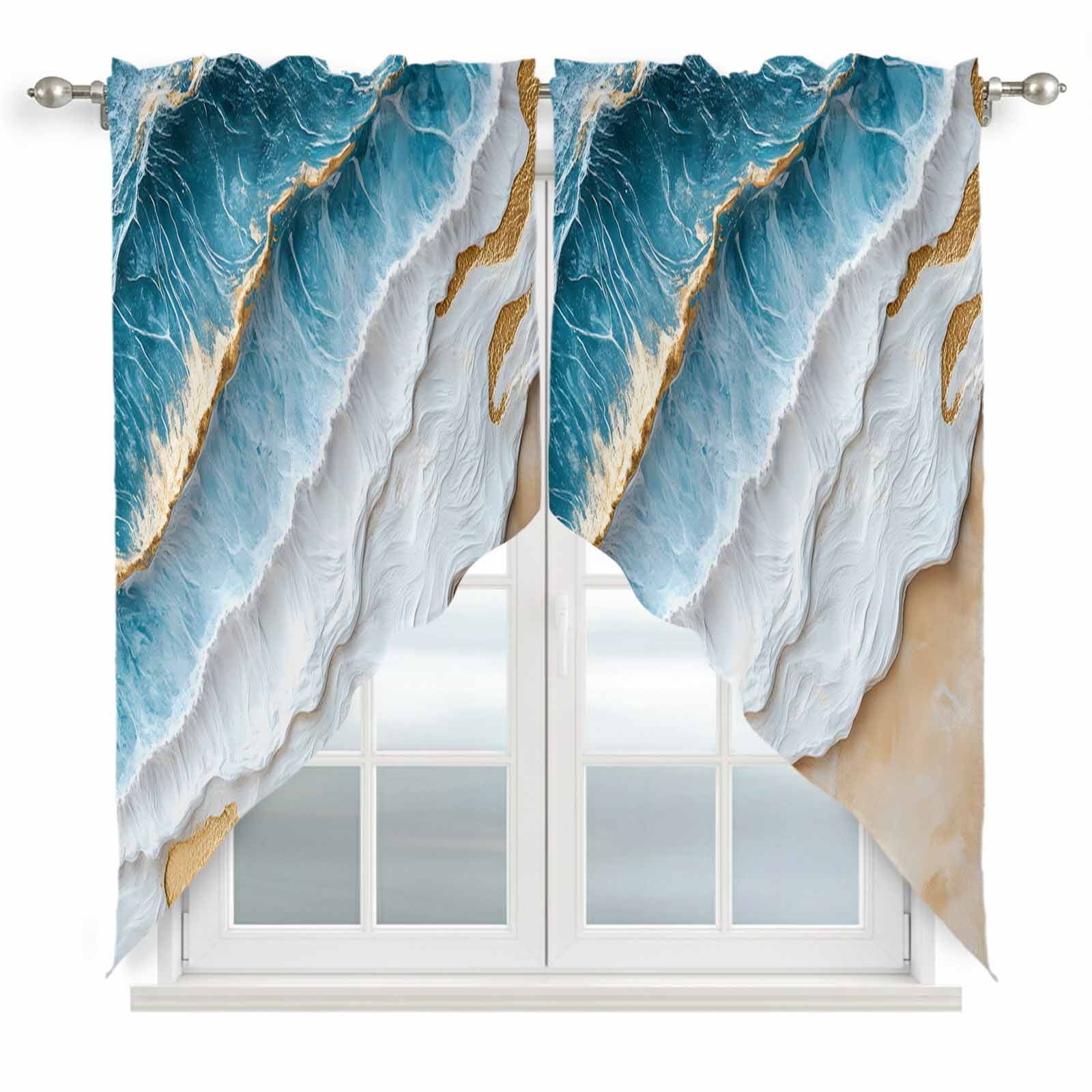 Abstract Waves Swag Curtain Valance for Window 2 Panels Gold Beach Blue ...