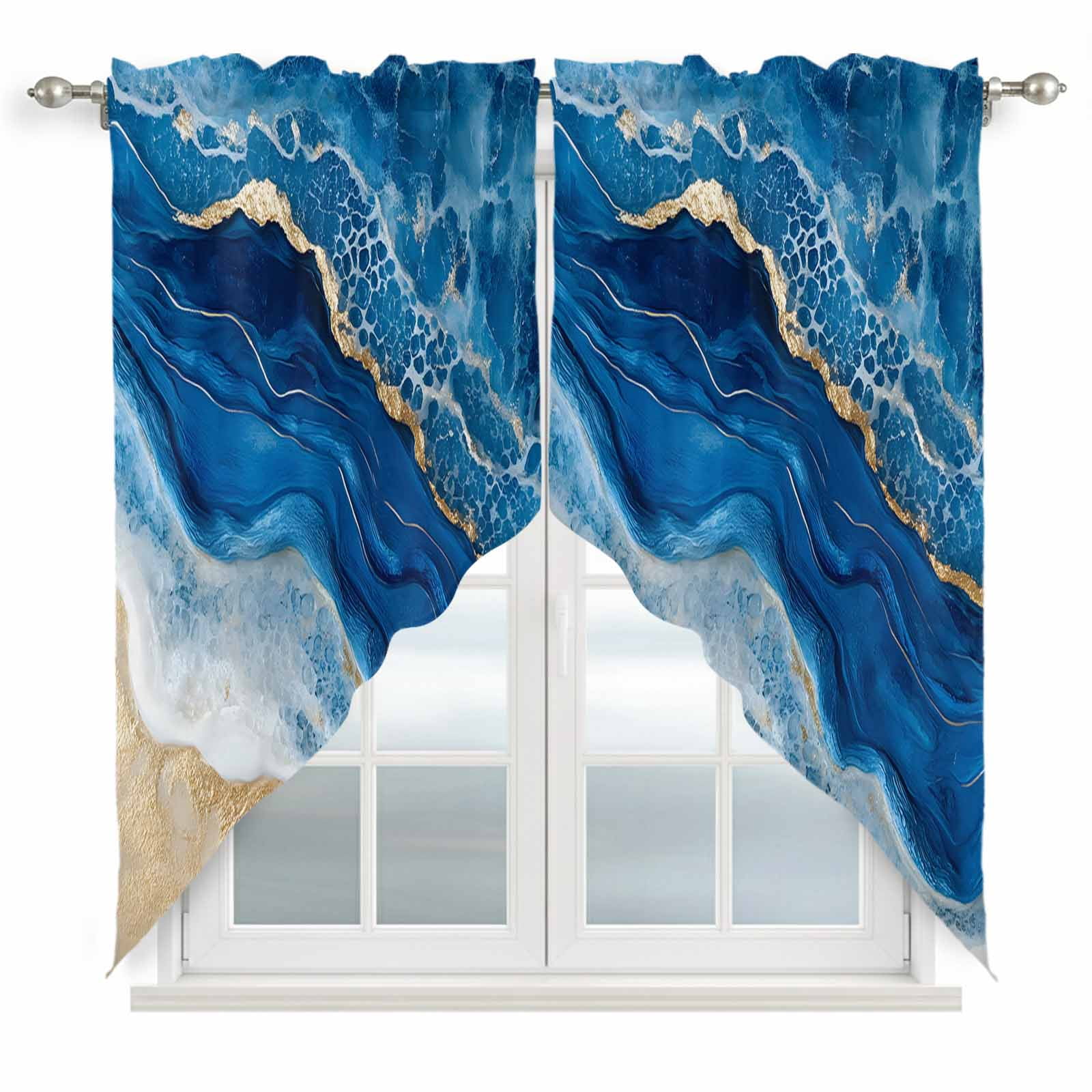 Abstract Waves Swag Curtain Valance for Window 2 Panels White Gold Blue ...