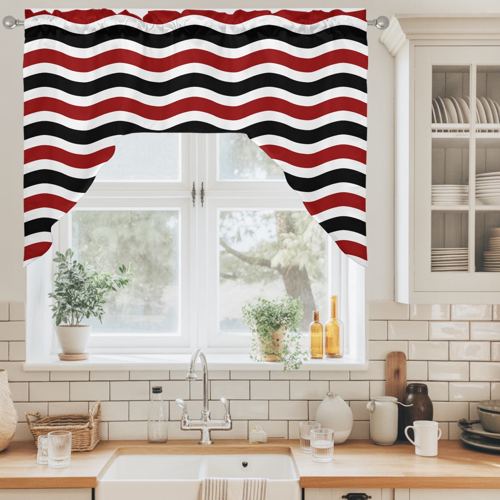 Abstract Waves Swag Curtain Valance for Windows, Red Black Water Ripple ...