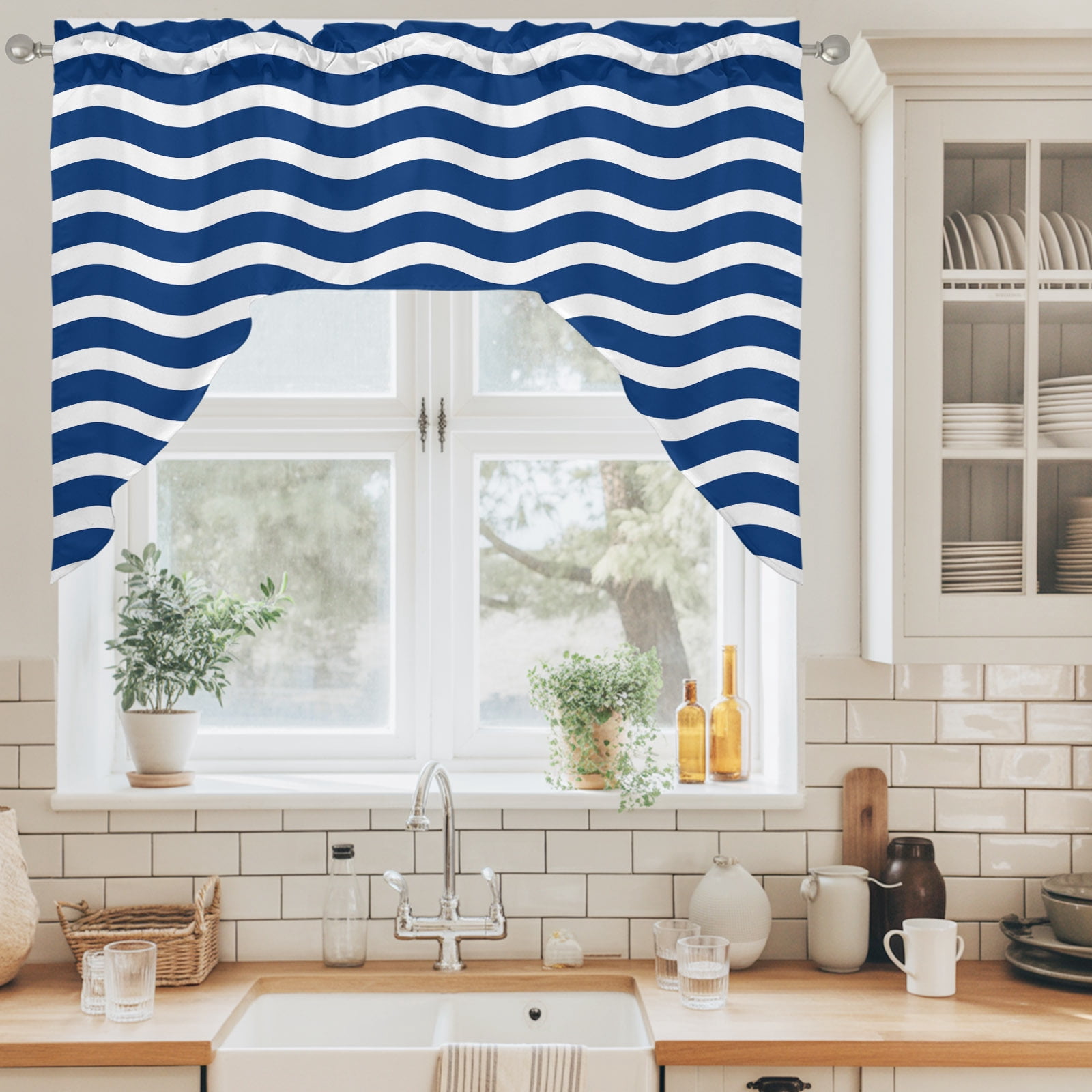 Abstract Waves Swag Curtain Valance for Windows, Stripes Navy Blue ...