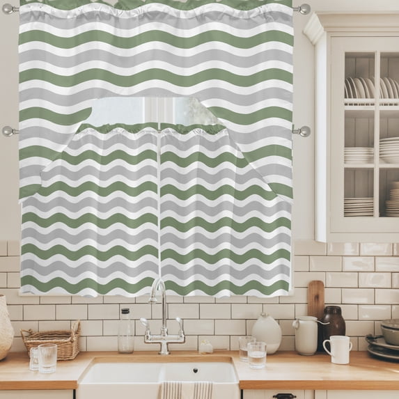 Abstract Waves Swag Curtains Valance and Tier Set, Green Grey Water ...